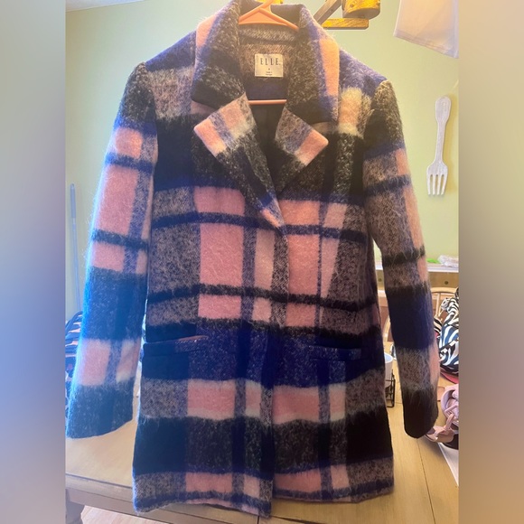 Elle | Jackets & Coats | Elle Pink And Purple Plaid Peacoat | Poshmark